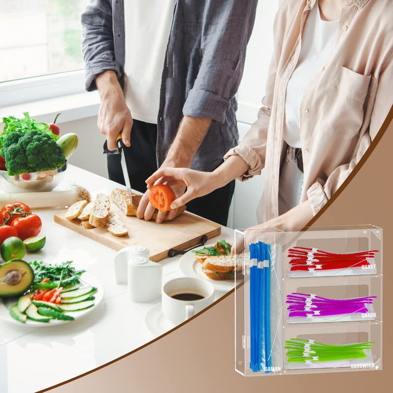 SOUTHGATE Plastic Ziploc Bag Storage Organizer Grocery Bag Holder Acrylic Ziplock Dispenser Baggie Organizer Box for Kitchen Drawer, Suitable for Gallon, Quart, Sandwich & Snack with DIY Sticky Note