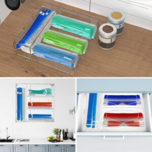 SOUTHGATE Plastic Ziploc Bag Storage Organizer Grocery Bag Holder Acrylic Ziplock Dispenser Baggie Organizer Box for Kitchen Drawer, Suitable for Gallon, Quart, Sandwich & Snack with DIY Sticky Note