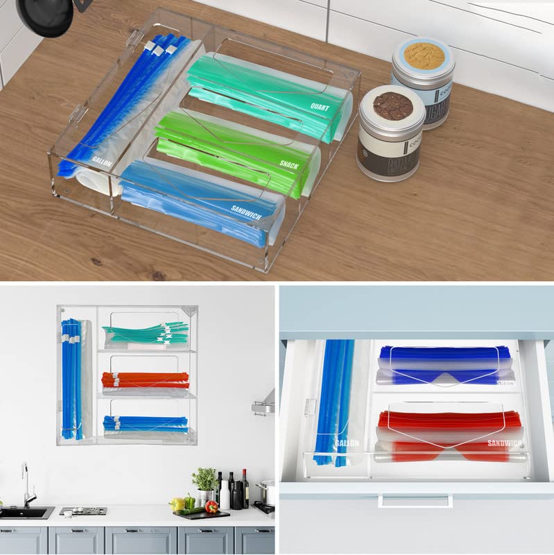 SOUTHGATE Plastic Ziploc Bag Storage Organizer Grocery Bag Holder Acrylic Ziplock Dispenser Baggie Organizer Box for Kitchen Drawer, Suitable for Gallon, Quart, Sandwich & Snack with DIY Sticky Note