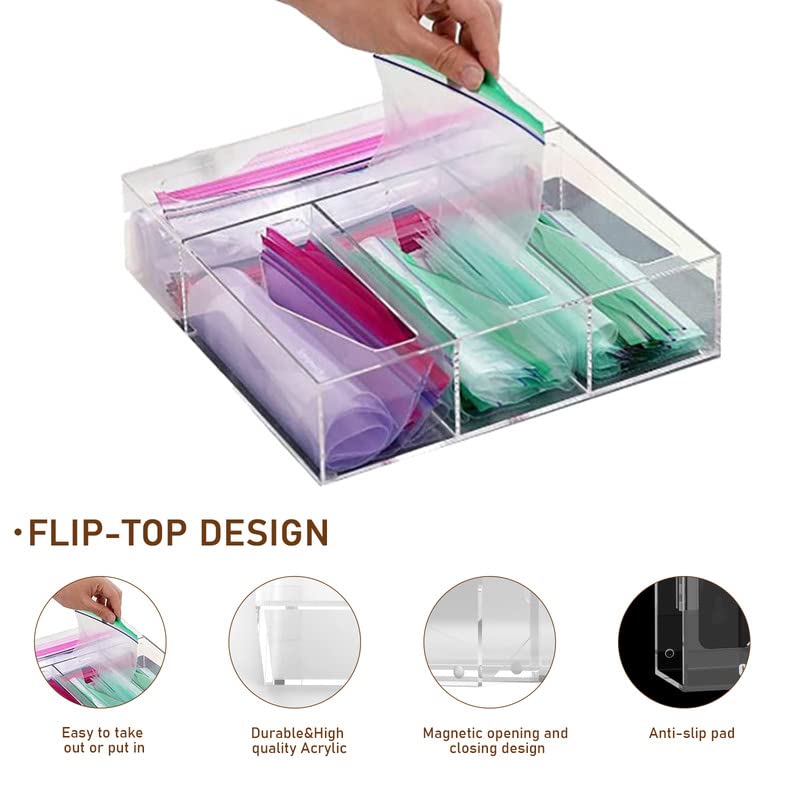 SOUTHGATE Plastic Ziploc Bag Storage Organizer Grocery Bag Holder Acrylic Ziplock Dispenser Baggie Organizer Box for Kitchen Drawer, Suitable for Gallon, Quart, Sandwich & Snack with DIY Sticky Note