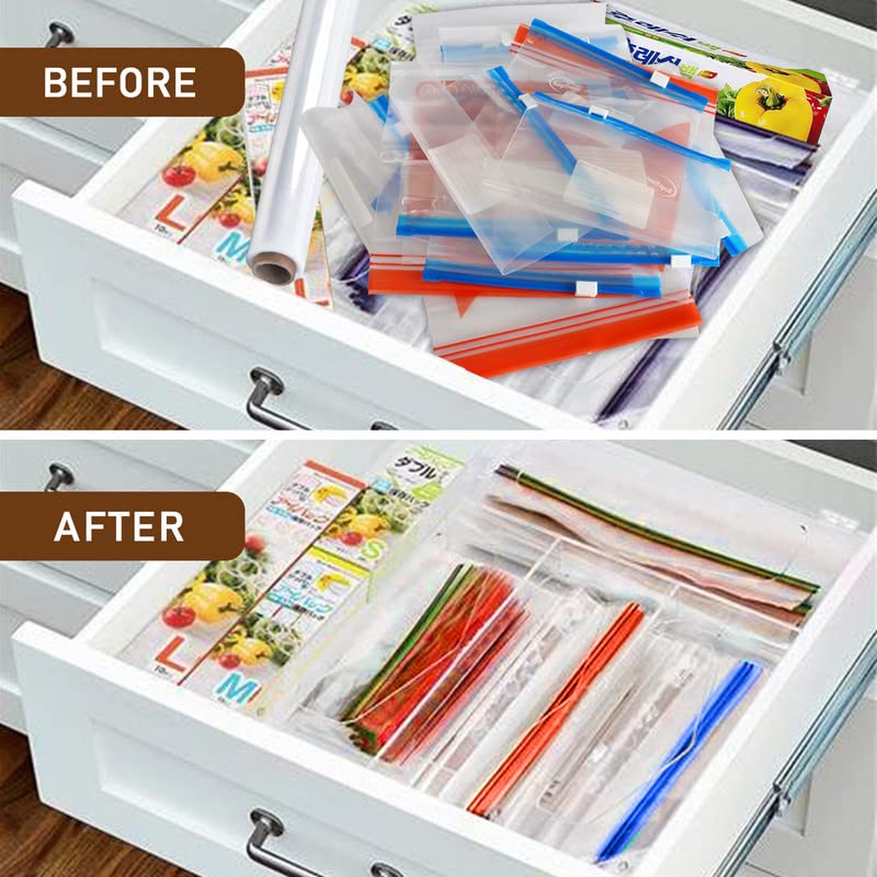 SOUTHGATE Plastic Ziploc Bag Storage Organizer Grocery Bag Holder Acrylic Ziplock Dispenser Baggie Organizer Box for Kitchen Drawer, Suitable for Gallon, Quart, Sandwich & Snack with DIY Sticky Note