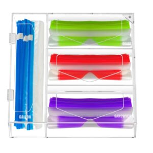 SOUTHGATE Plastic Ziploc Bag Storage Organizer Grocery Bag Holder Acrylic Ziplock Dispenser Baggie Organizer Box for Kitchen Drawer, Suitable for Gallon, Quart, Sandwich & Snack with DIY Sticky Note