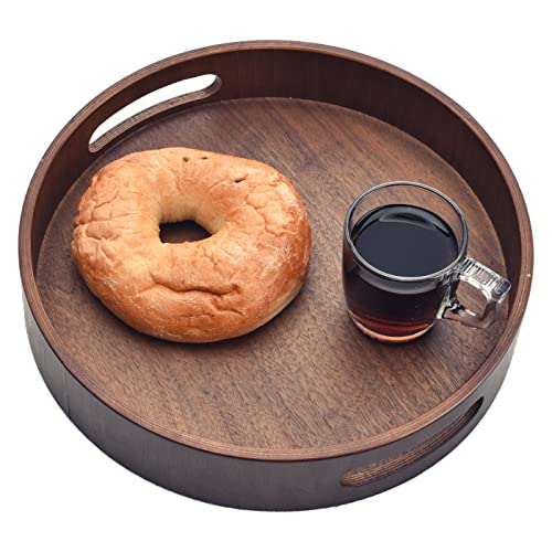 Walnut Wooden Round Serving Tray with Handle for Serve Beverages Tea Food on Storage Platters Natural Decorative Kitchen Living Room Coffee Home Dining Table 9.84 inch