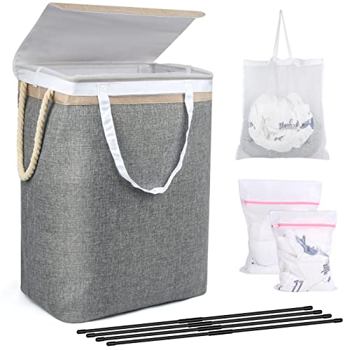 BVOPLME Large Laundry Basket with Handles, Collapsible Tall Dirty Clothes Hamper with 1 Removable Storage Liner Bag & 2 Mesh Bags, Portable Towel Basket with Lid for Clothes, Toys, Pillows in the Dorm