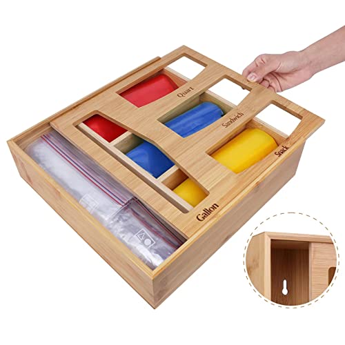 YIHATA Ziplock Bag Organizer, Bamboo Storage Bag Organizer, Pullable Baggie Organizer for Drawer Kitchen, Space-Save Bag Holder Container for Gallon, Quart, Sandwich & Snack Bags, 1 Box 4 Slots