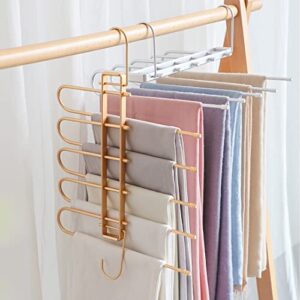 pants hangers space saving,closet hangers 5 layers 2 uses multi functional pants rack,metal heavy duty wardrobe organizer racks for clothes trousers scarves ties (gold)