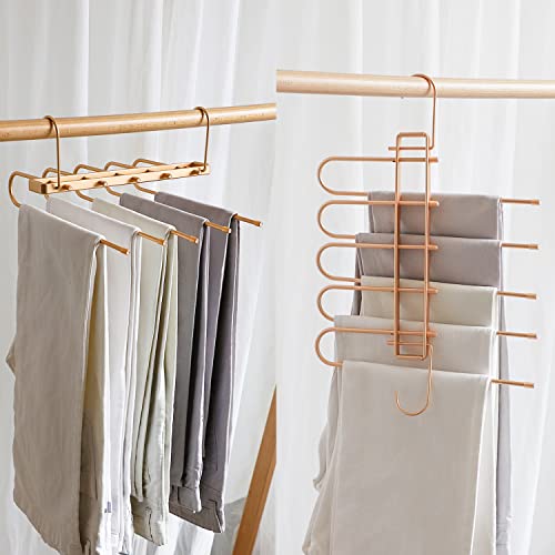 Pants Hangers Space Saving,Closet Hangers 5 Layers 2 Uses Multi Functional Pants Rack,Metal Heavy Duty Wardrobe Organizer Racks for Clothes Trousers Scarves Ties (Gold)