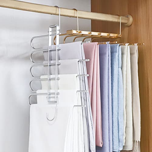 Pants Hangers Space Saving,Closet Hangers 5 Layers 2 Uses Multi Functional Pants Rack,Metal Heavy Duty Wardrobe Organizer Racks for Clothes Trousers Scarves Ties (Gold)