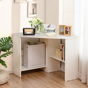 COSTWAY Corner Computer Desk, Space-Saving Triangular Writing Desk w/ 2 Storage Shelves & 2 Cable Holes, Multi-Functional Console Table for Small Space in Home Office, Living Room, Bedroom (White)