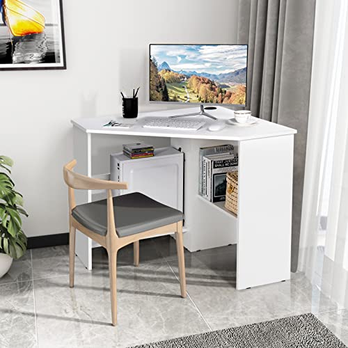 COSTWAY Corner Computer Desk, Space-Saving Triangular Writing Desk w/ 2 Storage Shelves & 2 Cable Holes, Multi-Functional Console Table for Small Space in Home Office, Living Room, Bedroom (White)