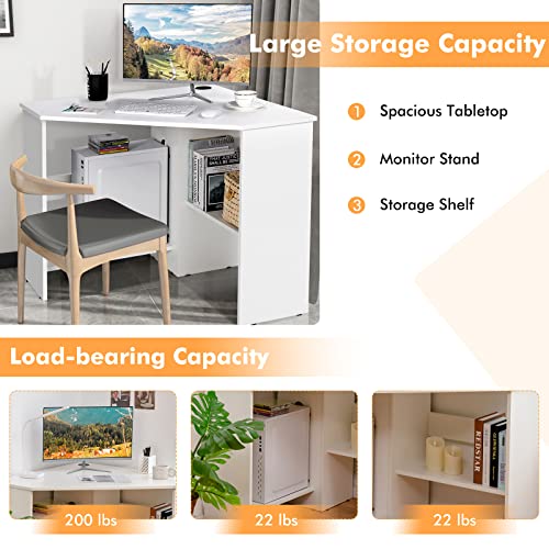 COSTWAY Corner Computer Desk, Space-Saving Triangular Writing Desk w/ 2 Storage Shelves & 2 Cable Holes, Multi-Functional Console Table for Small Space in Home Office, Living Room, Bedroom (White)