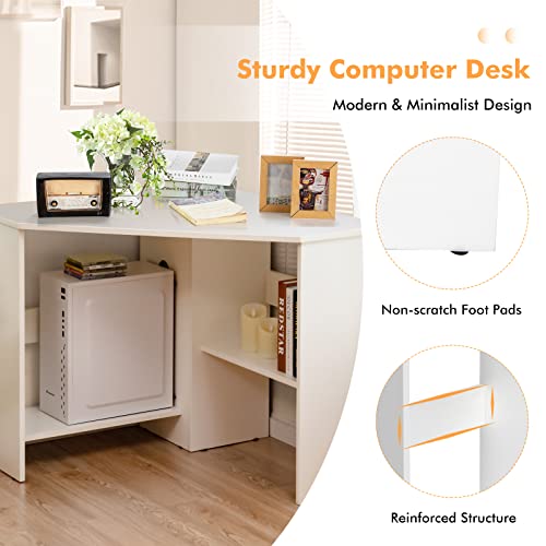 COSTWAY Corner Computer Desk, Space-Saving Triangular Writing Desk w/ 2 Storage Shelves & 2 Cable Holes, Multi-Functional Console Table for Small Space in Home Office, Living Room, Bedroom (White)