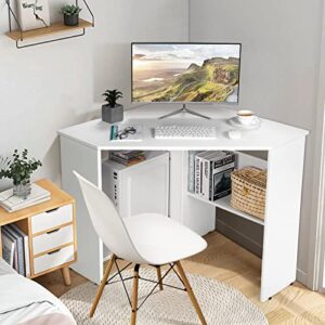 COSTWAY Corner Computer Desk, Space-Saving Triangular Writing Desk w/ 2 Storage Shelves & 2 Cable Holes, Multi-Functional Console Table for Small Space in Home Office, Living Room, Bedroom (White)