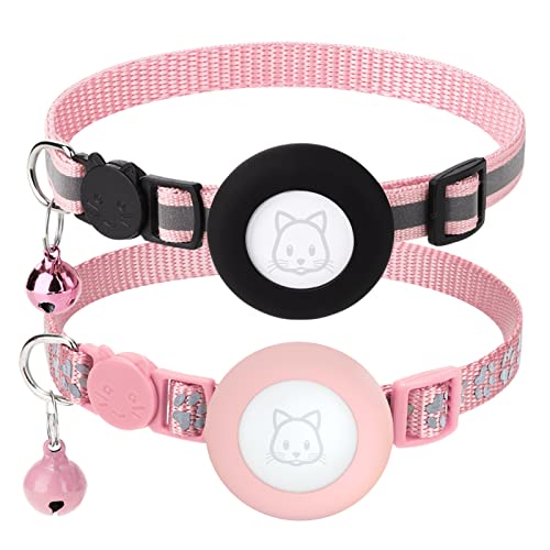 2Pack Airtag Cat Collars, Reflective Air Tag Cat Collar with Breakaway Safety Buckle and Bell, Adjustable Cat Collar with Airtag Holder Compatible with Apple Airtag for Small Pets (Pink)