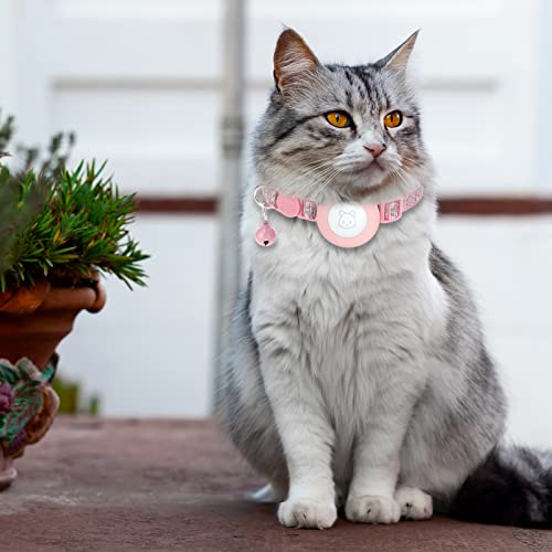 2Pack Airtag Cat Collars, Reflective Air Tag Cat Collar with Breakaway Safety Buckle and Bell, Adjustable Cat Collar with Airtag Holder Compatible with Apple Airtag for Small Pets (Pink)