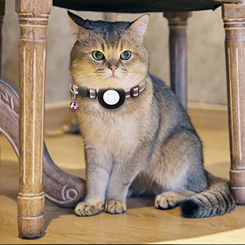 2Pack Airtag Cat Collars, Reflective Air Tag Cat Collar with Breakaway Safety Buckle and Bell, Adjustable Cat Collar with Airtag Holder Compatible with Apple Airtag for Small Pets (Pink)