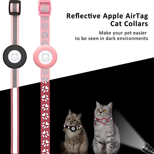 2Pack Airtag Cat Collars, Reflective Air Tag Cat Collar with Breakaway Safety Buckle and Bell, Adjustable Cat Collar with Airtag Holder Compatible with Apple Airtag for Small Pets (Pink)