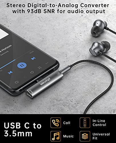 Teleadapt USB C to 3.5mm Headphone Audio and Charger Adapter, 2-in-1 USB C to Aux Mic Jack Adapter with PD 60W Fast Charging for Stereo, Hi-Res DAC, Compatible with Galaxy S20/ S21/NoteS20, Pixel 2/3