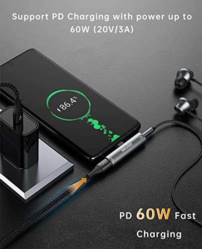 Teleadapt USB C to 3.5mm Headphone Audio and Charger Adapter, 2-in-1 USB C to Aux Mic Jack Adapter with PD 60W Fast Charging for Stereo, Hi-Res DAC, Compatible with Galaxy S20/ S21/NoteS20, Pixel 2/3