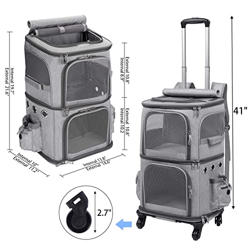 HOVONO Double-Compartment Pet Carrier Backpack with Wheels for Small Cats and Dogs, Cat Rolling Carrier for 2 Cats, Perfect for Traveling/Taking a Walk/Trips to The Vet, Grey