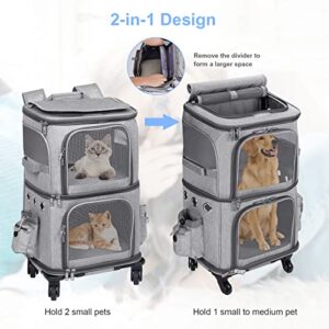 HOVONO Double-Compartment Pet Carrier Backpack with Wheels for Small Cats and Dogs, Cat Rolling Carrier for 2 Cats, Perfect for Traveling/Taking a Walk/Trips to The Vet, Grey