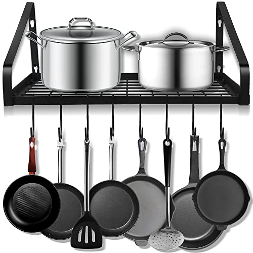 Felibeaco Hanging Pot Rack,Wall-Mounted Pots and Pans Organizer Rack with 8 Removable Hooks, Kitchen Wall Organizer Storage Shelf for Pan Set, Utensils, Cookware, Books, Household 2 DIY Methods,Black