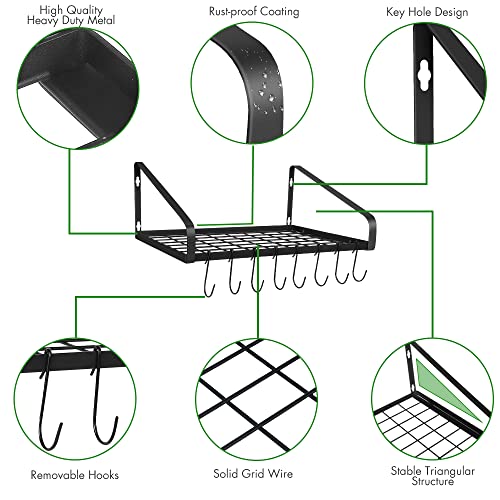 Felibeaco Hanging Pot Rack,Wall-Mounted Pots and Pans Organizer Rack with 8 Removable Hooks, Kitchen Wall Organizer Storage Shelf for Pan Set, Utensils, Cookware, Books, Household 2 DIY Methods,Black