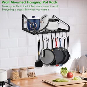 Felibeaco Hanging Pot Rack,Wall-Mounted Pots and Pans Organizer Rack with 8 Removable Hooks, Kitchen Wall Organizer Storage Shelf for Pan Set, Utensils, Cookware, Books, Household 2 DIY Methods,Black