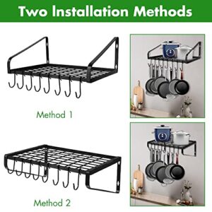 Felibeaco Hanging Pot Rack,Wall-Mounted Pots and Pans Organizer Rack with 8 Removable Hooks, Kitchen Wall Organizer Storage Shelf for Pan Set, Utensils, Cookware, Books, Household 2 DIY Methods,Black