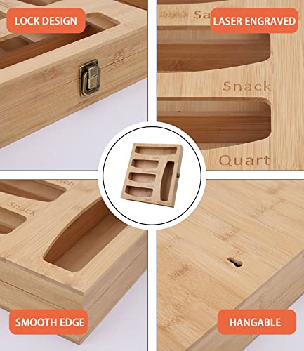 Bamboo Ziploc Bag Organizer - 5 Slots Wall Mount Zip Lock Baggie Storage Organizer for Drawer Kitchen - Compatible With Ziploc | Solimo | Glad | Hefty For Gallon | Quart | Sandwich | Snack Size Bags