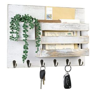 mygift wall mounted white washed solid wood entryway key hooks and mail holder organizer rack with 6 hooks and artificial string of pearls decorative plant