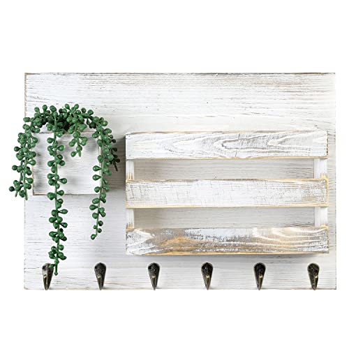 MyGift Wall Mounted White Washed Solid Wood Entryway Key Hooks and Mail Holder Organizer Rack with 6 Hooks and Artificial String of Pearls Decorative Plant