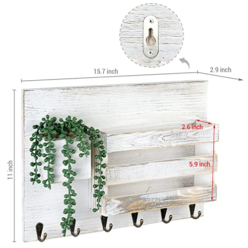 MyGift Wall Mounted White Washed Solid Wood Entryway Key Hooks and Mail Holder Organizer Rack with 6 Hooks and Artificial String of Pearls Decorative Plant