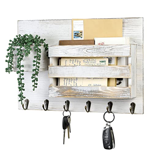 MyGift Wall Mounted White Washed Solid Wood Entryway Key Hooks and Mail Holder Organizer Rack with 6 Hooks and Artificial String of Pearls Decorative Plant