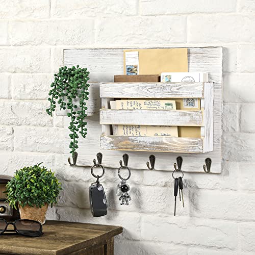 MyGift Wall Mounted White Washed Solid Wood Entryway Key Hooks and Mail Holder Organizer Rack with 6 Hooks and Artificial String of Pearls Decorative Plant