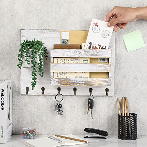 MyGift Wall Mounted White Washed Solid Wood Entryway Key Hooks and Mail Holder Organizer Rack with 6 Hooks and Artificial String of Pearls Decorative Plant