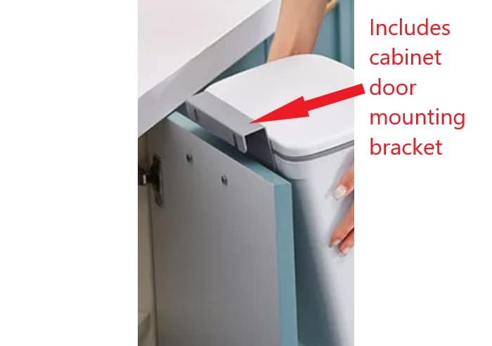 Kitchen Gear. Hanging Trash can with Cabinet Bracket and lid. 2.4 Gallon. Functions as a Small Garbage can or Compost bin. Hangs in Kitchen or Bathroom Using Cabinet Bracket or Wall Hanger.