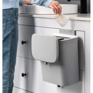 Kitchen Gear. Hanging Trash can with Cabinet Bracket and lid. 2.4 Gallon. Functions as a Small Garbage can or Compost bin. Hangs in Kitchen or Bathroom Using Cabinet Bracket or Wall Hanger.