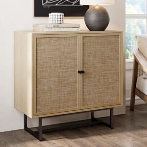 nathan james kova accent natural storage cabinet sideboard wood and rattan with matte metal frame, adjustable interior shelves and cane doors, for hallway, entryway or living room, light oak/black