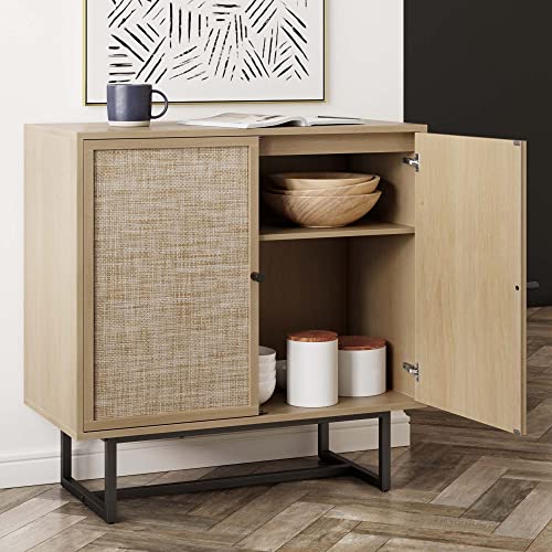 Nathan James Kova Accent Natural Storage Cabinet Sideboard Wood and Rattan with Matte Metal Frame, Adjustable Interior Shelves and Cane Doors, for Hallway, Entryway or Living Room, Light Oak/Black