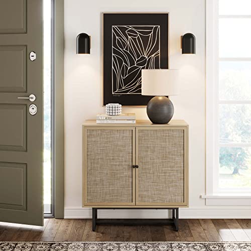 Nathan James Kova Accent Natural Storage Cabinet Sideboard Wood and Rattan with Matte Metal Frame, Adjustable Interior Shelves and Cane Doors, for Hallway, Entryway or Living Room, Light Oak/Black