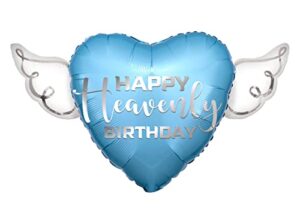 happy heavenly birthday blue heart shaped balloon with angel wings