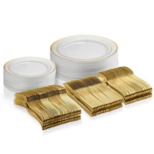 125 piece gold dinnerware party set - 50 gold rim plastic plates, 25 dinner 25 dessert plates, 75 gold silverware, 25 knives, 25 forks, 25 spoons - 25 guest disposable set for wedding birthday parties