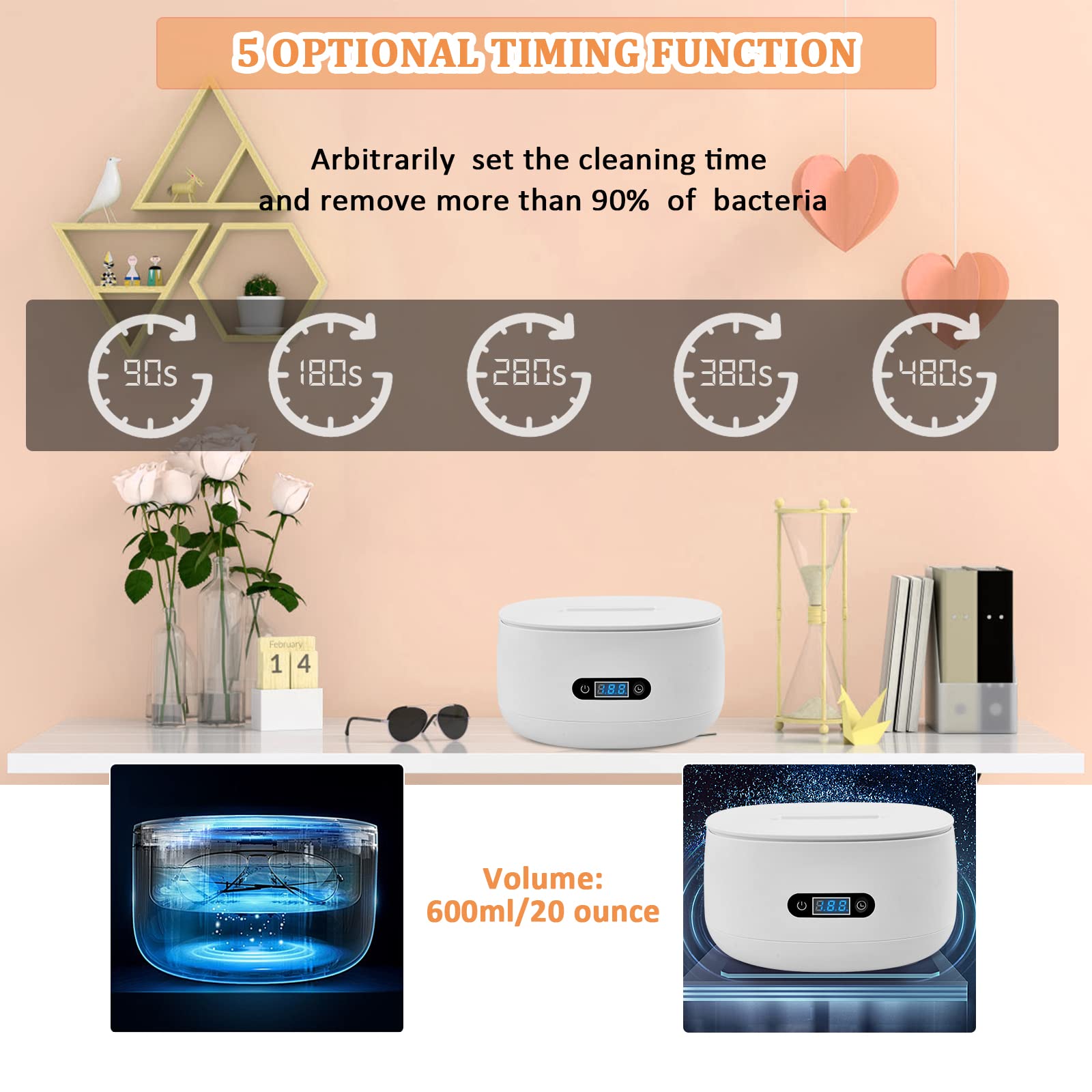 Ultrasonic Cleaner, Jewelry Cleaner with 40kHz Five Digital Timer 600ML Ultrasonic Jewelry Cleaner with Basket for Cleaning Eye Glasses, Rings,Watch,Coin,Silver…