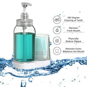 WhiteRhino 25oz Mouthwash Pump Dispenser, Mouthwash Container with Cup Holder, Refillable Round Bottles, Mouthwash Decanter with 8 Piece 4oz Paper Cup, for Bathroom, Countertop, Cupboard(Clear Bule)