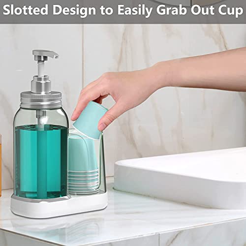 WhiteRhino 25oz Mouthwash Pump Dispenser, Mouthwash Container with Cup Holder, Refillable Round Bottles, Mouthwash Decanter with 8 Piece 4oz Paper Cup, for Bathroom, Countertop, Cupboard(Clear Bule)