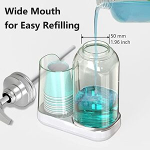 WhiteRhino 25oz Mouthwash Pump Dispenser, Mouthwash Container with Cup Holder, Refillable Round Bottles, Mouthwash Decanter with 8 Piece 4oz Paper Cup, for Bathroom, Countertop, Cupboard(Clear Bule)