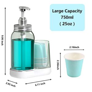 WhiteRhino 25oz Mouthwash Pump Dispenser, Mouthwash Container with Cup Holder, Refillable Round Bottles, Mouthwash Decanter with 8 Piece 4oz Paper Cup, for Bathroom, Countertop, Cupboard(Clear Bule)