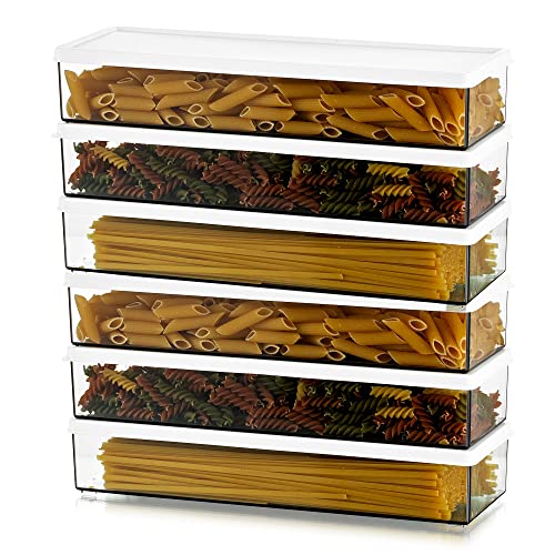 Hanobe Pasta Containers for Pantry Large Spaghetti & Noodle Canister Clear Cereal Storage Organizer Set with Lock Lids Durable Plastic Stackable Food Keeper for Fridge Kitchen Cabinet (6, 37oz)