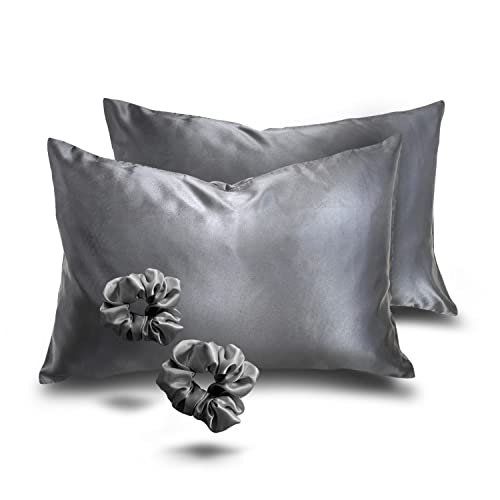 Alexandra's Secret Satin Bed Zippered Pillowcase with Scrunchies for Hair and Skin Pack of 2 Gift Set Luxury Soft and Cooling Sleep Silky Pillow Cases with Zipper (Queen, Charcoal)